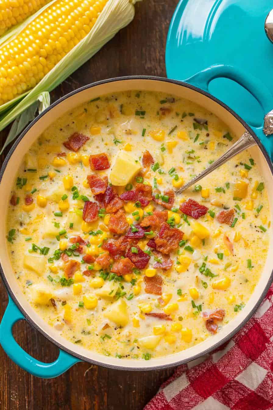 Delicious Corn Chowder with Turkey Bacon in 45 Minutes - www.pmrecipes.com